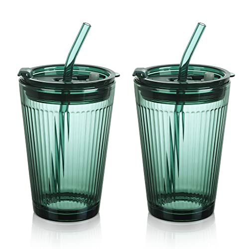 Joeyan Glass Tumbler with Straw and Lid,Green Glasses Water Cup with Straw,Colored Glass Drinking Jars for Juice Beverages Iced Coffee Tea Smoothie Soda Milk,15 oz,Set of 2,Dishwasher Safe