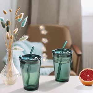 Joeyan Glass Tumbler with Straw and Lid,Green Glasses Water Cup with Straw,Colored Glass Drinking Jars for Juice Beverages Iced Coffee Tea Smoothie Soda Milk,15 oz,Set of 2,Dishwasher Safe