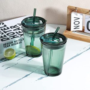 Joeyan Glass Tumbler with Straw and Lid,Green Glasses Water Cup with Straw,Colored Glass Drinking Jars for Juice Beverages Iced Coffee Tea Smoothie Soda Milk,15 oz,Set of 2,Dishwasher Safe