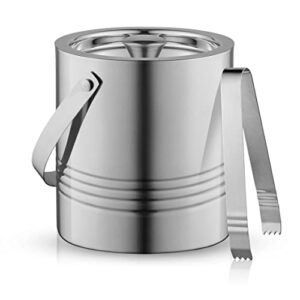 joyjolt metal double wall ice bucket with lid, ice tongs and strainer. 3l insulated ice bucket for cocktail bar, wine, home bar accessories, parties, champagne bucket. stainless steel ice buckets