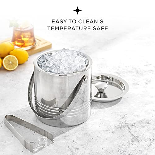 JoyJolt Metal Double Wall Ice Bucket with Lid, Ice Tongs and Strainer. 3L Insulated Ice Bucket for Cocktail Bar, Wine, Home Bar Accessories, Parties, Champagne Bucket. Stainless Steel Ice Buckets