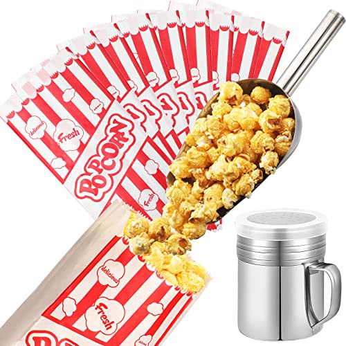 Potchen 402 Pcs Popcorn Machine Supplies Set Including Stainless Steel Popcorn Scoop, 400 Pcs 1oz Popcorn Bags Bundle and Popcorn Shaker Dredge with Handle for Commercial and Home Use