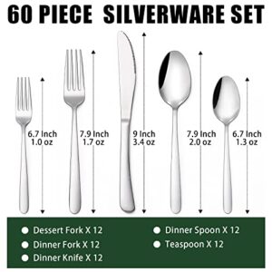 60 Piece Silverware Set for 12, Terlulu Stainless Steel Flatware Set, Heavy Duty Cutlery Utensil Include Forks Knives Spoons, Mirror Polished Tableware Set for Home Restaurant Party, Dishwasher Safe