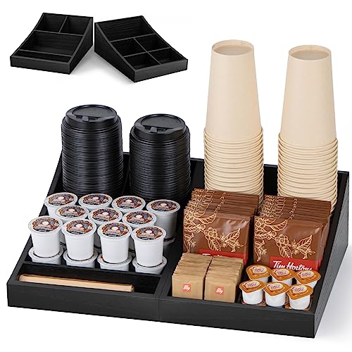 ANBOXIT Coffee Station Organizer for Countertop, Coffee Condiment Service Tray, Coffee Bar Supplies Organizer for Home, Office and Breakroom - Wooden, Black, 9 Compartment, Two-in-One