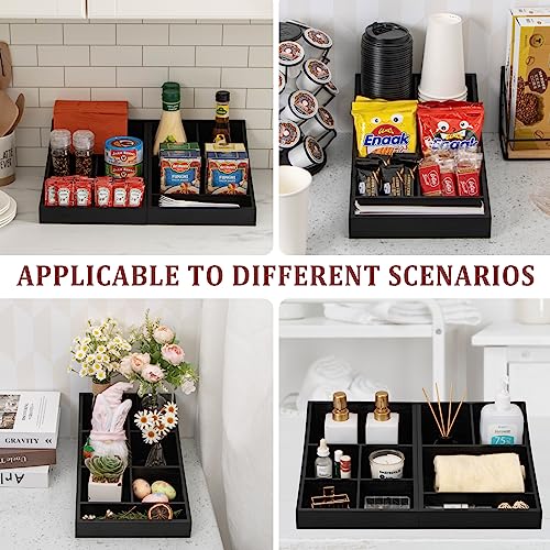 ANBOXIT Coffee Station Organizer for Countertop, Coffee Condiment Service Tray, Coffee Bar Supplies Organizer for Home, Office and Breakroom - Wooden, Black, 9 Compartment, Two-in-One