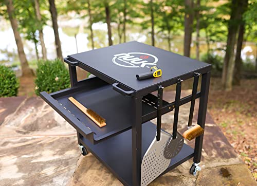 NUUK Three-Shelf Heavy Duty Rolling Outdoor Pizza Oven Table, 24" x 30" Steel Commercial Multifunctional Food Prep Worktable with Drawer on Wheels