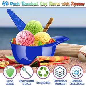 FJZZ 48 Pack Baseball Helmet Ice Cream Bowls with Spoons 8oz Mini Dessert Cups Sundae Bowls Parfait Cups Appetizer Cups, Reusable Serving Baseball Cup Bowls for Birthday Party