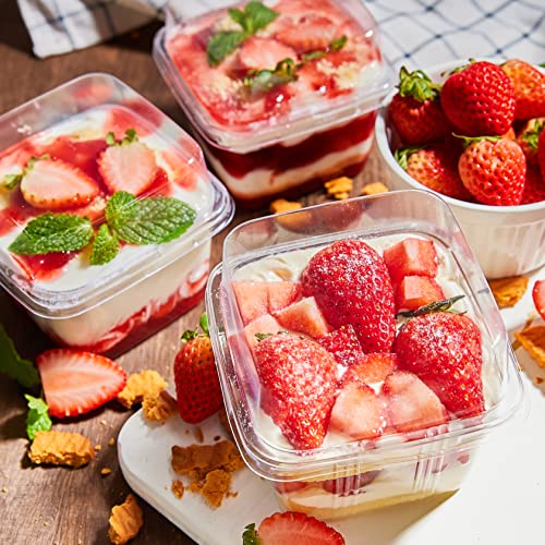 Qeirudu 50 Pack 8 oz Square Plastic Dessert Cups with Lids and Sporks, Disposable Cake Cups with Lids, Yogurt Parfait Containers for Fruit, Pudding, Mousse, Ice Cream and Strawberry Shortcake