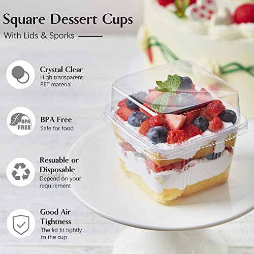 Qeirudu 50 Pack 8 oz Square Plastic Dessert Cups with Lids and Sporks, Disposable Cake Cups with Lids, Yogurt Parfait Containers for Fruit, Pudding, Mousse, Ice Cream and Strawberry Shortcake