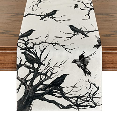 Artoid Mode Silhouette Tree Crows Halloween Table Runner, Branches Fall Kitchen Dining Table Decoration for Outdoor Home Party 13x72 Inch