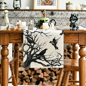 Artoid Mode Silhouette Tree Crows Halloween Table Runner, Branches Fall Kitchen Dining Table Decoration for Outdoor Home Party 13x72 Inch