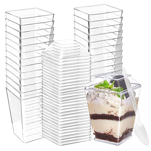 Qeirudu 50 Pack 5 oz Square Dessert Cups with Lids and Spoons - Mini Pudding Cups, Clear Plastic Parfait Cup, Appetizer Shooter Glasses for Cheesecake Mousse Fruit Ice cream