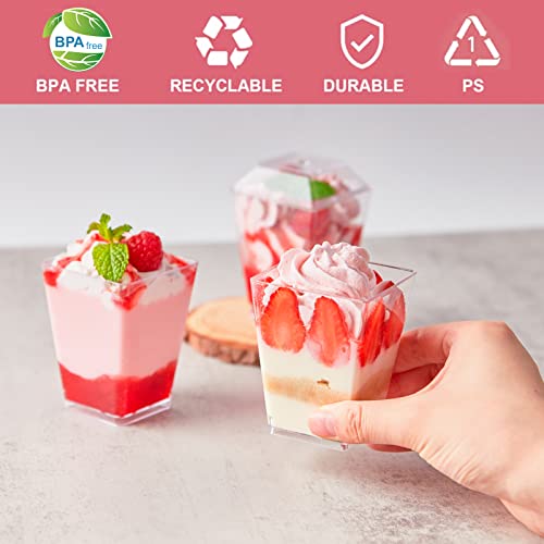 Qeirudu 50 Pack 5 oz Square Dessert Cups with Lids and Spoons - Mini Pudding Cups, Clear Plastic Parfait Cup, Appetizer Shooter Glasses for Cheesecake Mousse Fruit Ice cream