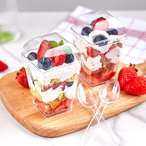 Zezzxu 50 Pack 5 oz Dessert Cups with Dome Lids and Spoons Mini Parfait Cups Clear Plastic Tasting Appetizer Bowls for Fruit Ice Cream Pudding Mousse