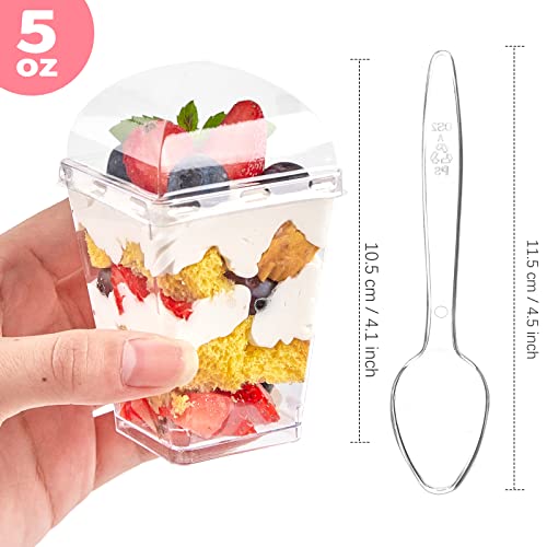 Zezzxu 50 Pack 5 oz Dessert Cups with Dome Lids and Spoons Mini Parfait Cups Clear Plastic Tasting Appetizer Bowls for Fruit Ice Cream Pudding Mousse