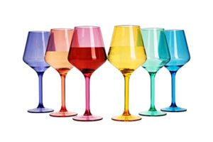 european style crystal, stemmed wine glasses, acrylic glasses tritan drinkware, unbreakable colored, 6 - set - shatterproof bpa-free plastic, reusable, all purpose glassware, hand wash only 15oz