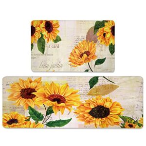 sunflower kitchen rugs decor set of 2 anti fatigue yellow vintage floral farmhouse non skid kitchen floor mats comfort standing mat waterproof sink carpet (17.3 x 28 inch+17.3 x 47 inch)