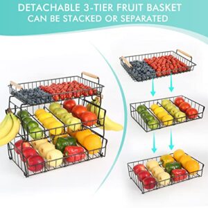 HOUMESO 3-Tier Countertop Fruit Basket Bowl with Banana Holder for Kitchen Beveled Detachable Fruit Vegetable Holder Storage Stand for Sorting Fruits