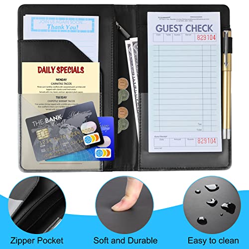 LINTRU Server Books for Waitress, Premium Pu Leather 5 x 8 Inch Servers Book with Zipper Pocket, Waitress Book Fit for Aprons, Check Presenters for Restaurants (Black)