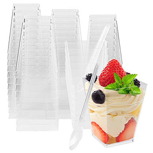 Wiaregom 50Pack 5oz Square Plastic Dessert Cups with Spoons,Clear Parfait Appetizer Cups for Tasting Party Desserts Fruit Parfait Trifle Baby Shower Party