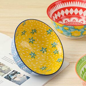 Porcelain Soup Cereal Bowls Set - Ceramic Bowls for Kitchen 23 oz - 6 Colorful Patterned Cute Bowl Sets - 6 Inch Deep Bowls for Oatmeal | Oat | Noodle | Breakfast - Dishwasher and Microwave Safe