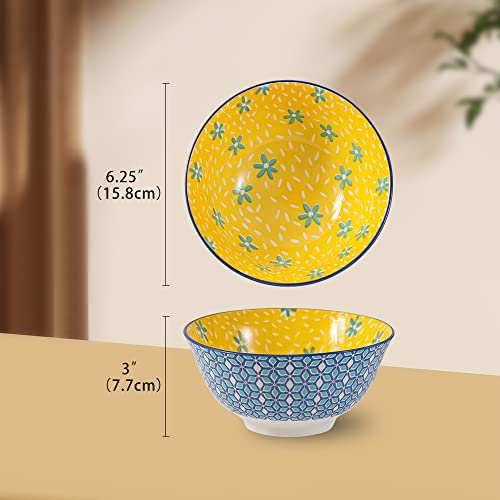 Porcelain Soup Cereal Bowls Set - Ceramic Bowls for Kitchen 23 oz - 6 Colorful Patterned Cute Bowl Sets - 6 Inch Deep Bowls for Oatmeal | Oat | Noodle | Breakfast - Dishwasher and Microwave Safe