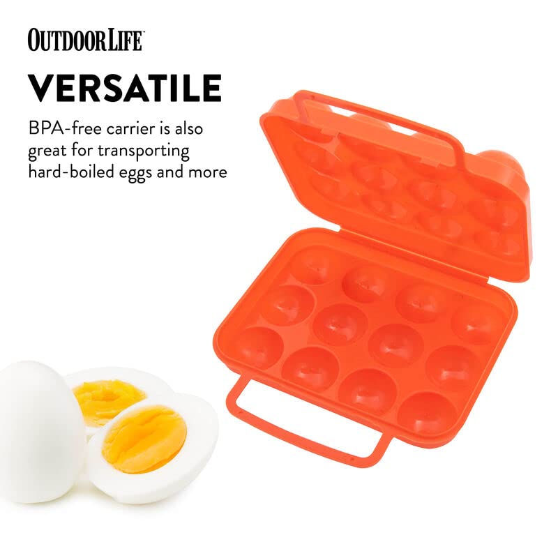 Outdoor Life Plastic Egg Carrier with Handle for Easy Transport, Use at Home or While Camping, Made of BPA-Free Plastic, 7.87x6.5x2.95 Inch, Orange