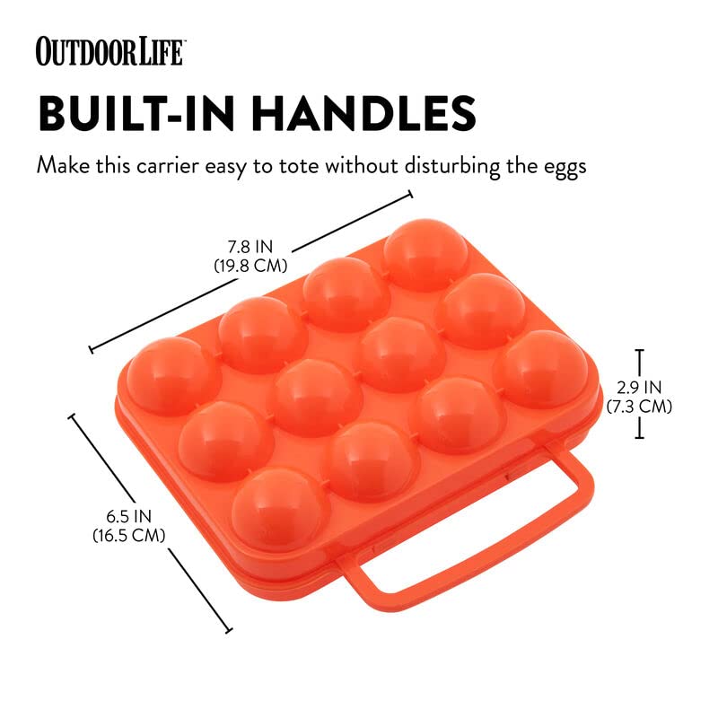 Outdoor Life Plastic Egg Carrier with Handle for Easy Transport, Use at Home or While Camping, Made of BPA-Free Plastic, 7.87x6.5x2.95 Inch, Orange