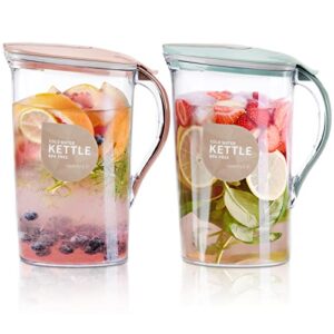 coloch 2 pack 2 quart plastic water pitcher with flip top spout lid, clear slim water container for fridge door juice pitcher with scale line for tea, lemonade, diy drinks, blue and pink