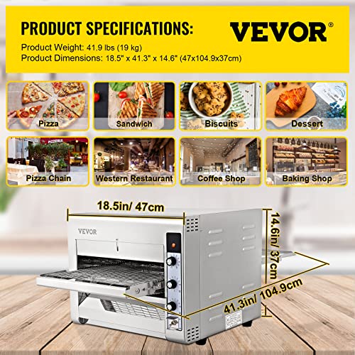 VEVOR Conveyor Commercial Pizza Oven, Belt Adjustable Heat and Speed Stainless Steel Countertop Kitchen Toaster Oven with 50-300 °C /122-572°F Temperature Range for Bakery Western Restaurant.