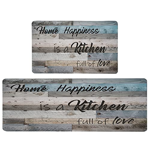 Farmhouse Kitchen Mats Sets of 2 Cushioned Standing Anti Fatigue Kitchen Rugs and Mat, for Rustic Home Office Kitchen mats for Floor Waterproof Non-Skid 17.3 x28+17.3 x 47 Inches Happiness Home