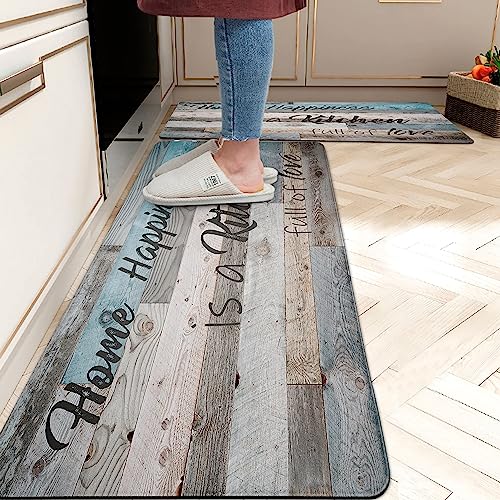 Farmhouse Kitchen Mats Sets of 2 Cushioned Standing Anti Fatigue Kitchen Rugs and Mat, for Rustic Home Office Kitchen mats for Floor Waterproof Non-Skid 17.3 x28+17.3 x 47 Inches Happiness Home