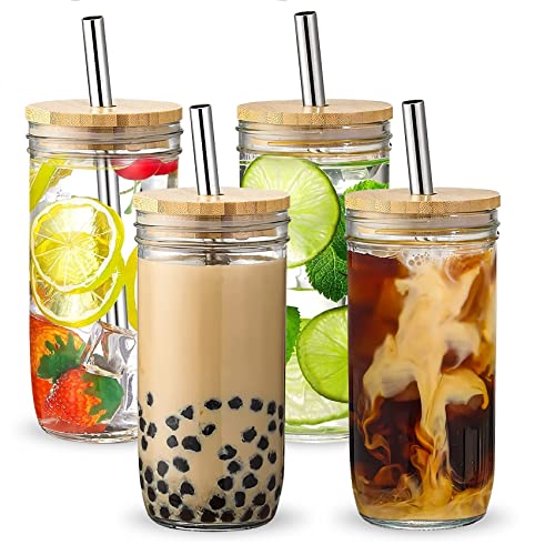 Benestanti 4 pcs 24 oz Glass Cups With Bamboo Lids and Straws,Reusable Boba Cup Smoothie Cup Mason Jar Drinking Glasses Iced Coffee Cup Glass Tumbler with Straw and Lid for Bubble Tea,Juice,Gift