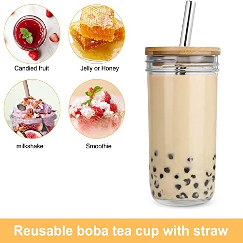 Benestanti 4 pcs 24 oz Glass Cups With Bamboo Lids and Straws,Reusable Boba Cup Smoothie Cup Mason Jar Drinking Glasses Iced Coffee Cup Glass Tumbler with Straw and Lid for Bubble Tea,Juice,Gift