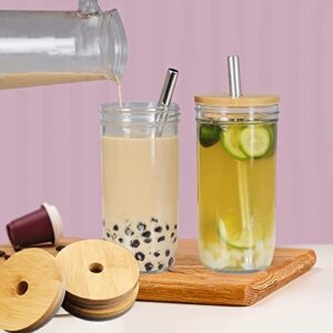 Benestanti 4 pcs 24 oz Glass Cups With Bamboo Lids and Straws,Reusable Boba Cup Smoothie Cup Mason Jar Drinking Glasses Iced Coffee Cup Glass Tumbler with Straw and Lid for Bubble Tea,Juice,Gift