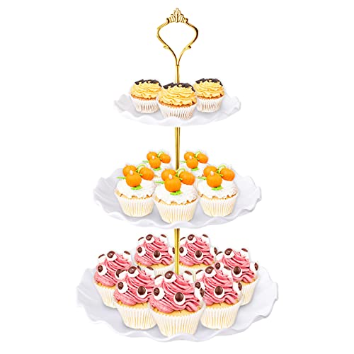 3 Tier Cupcake Stand Holder, BACUTHY Plastic Cup Cake Stand Tower with Tiered Serving Tray for Cupcakes, Donuts, Fruits and More, White