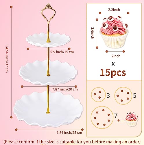 3 Tier Cupcake Stand Holder, BACUTHY Plastic Cup Cake Stand Tower with Tiered Serving Tray for Cupcakes, Donuts, Fruits and More, White