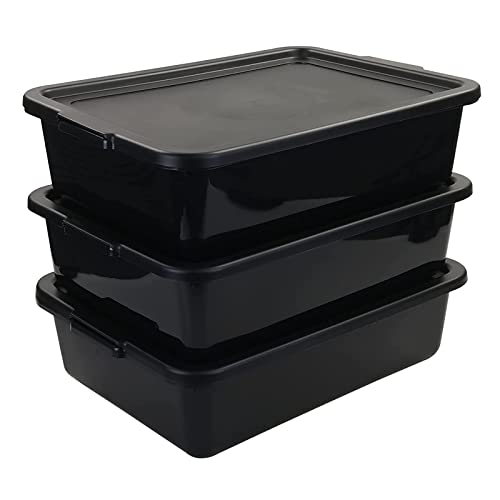 Innouse 13 L Black Plastic Bus Tub with Lid, 3 Pack Bus Dish Pan