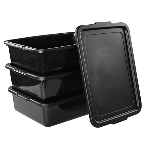 Innouse 13 L Black Plastic Bus Tub with Lid, 3 Pack Bus Dish Pan