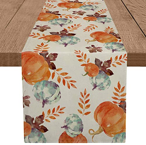 Fall Table Runner Watercolor Pumpkin Autumn Harvest Thanksgiving Table Runners Holiday Dining Room Kitchen Table Party Decoration 13 x 72 Inch