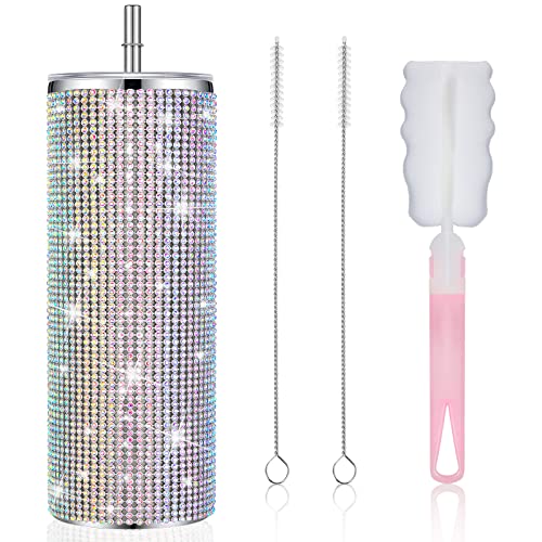 Tessco Bling Cups Rhinestones Tumbler with Straw Glitter Water Bottle Stainless Steel Straw Tumbler Insulated Bling Cup with Lid and Brush for Women (Colorful,20 Oz)