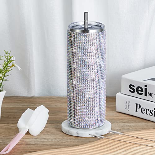 Tessco Bling Cups Rhinestones Tumbler with Straw Glitter Water Bottle Stainless Steel Straw Tumbler Insulated Bling Cup with Lid and Brush for Women (Colorful,20 Oz)