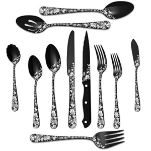 53-piece black silverware set with serving utensils, stapava black flatware set for 8, stainless steel cutlery tableware, fork spoon knife set, butterfly flower design, mirror polish, dishwasher safe