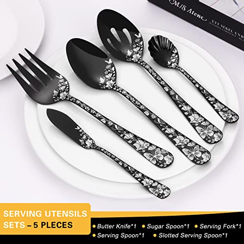 53-Piece Black Silverware Set with Serving Utensils, Stapava Black Flatware Set for 8, Stainless Steel Cutlery Tableware, Fork Spoon Knife Set, Butterfly Flower Design, Mirror Polish, Dishwasher Safe