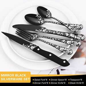 53-Piece Black Silverware Set with Serving Utensils, Stapava Black Flatware Set for 8, Stainless Steel Cutlery Tableware, Fork Spoon Knife Set, Butterfly Flower Design, Mirror Polish, Dishwasher Safe