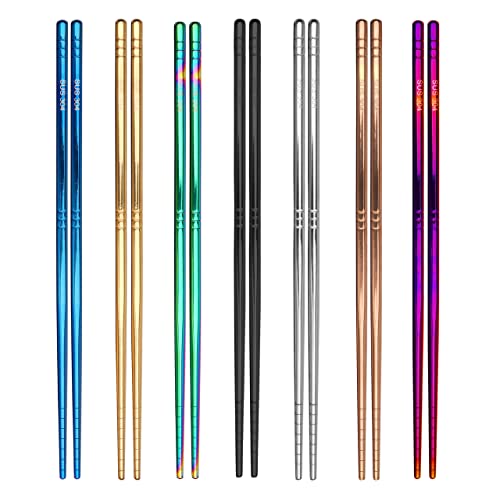 ESSBES 7 Pairs Metal Chopsticks, 7 Colors Reusable Stainless Steel Chopsticks, 13 Rings Pattern Non-slip Dishwasher Safe Chop Sticks, Square Lightweight Chopsticks, 8.9 Inches