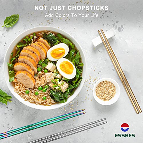 ESSBES 7 Pairs Metal Chopsticks, 7 Colors Reusable Stainless Steel Chopsticks, 13 Rings Pattern Non-slip Dishwasher Safe Chop Sticks, Square Lightweight Chopsticks, 8.9 Inches