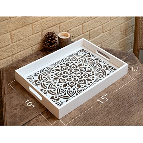 LINKOVE Wooden Serving Tray with Handles, White Wood Couch Ottoman Tray for Living Room, Decorative Tray for Coffee Table Kitchen Counter, Candle Perfume Tray Displayed for Bedroom Bathroom,15" x 10"