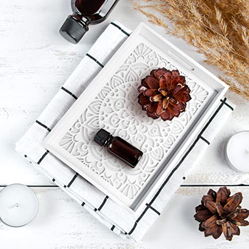 LINKOVE Wooden Serving Tray with Handles, White Wood Couch Ottoman Tray for Living Room, Decorative Tray for Coffee Table Kitchen Counter, Candle Perfume Tray Displayed for Bedroom Bathroom,15" x 10"