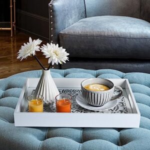 LINKOVE Wooden Serving Tray with Handles, White Wood Couch Ottoman Tray for Living Room, Decorative Tray for Coffee Table Kitchen Counter, Candle Perfume Tray Displayed for Bedroom Bathroom,15" x 10"